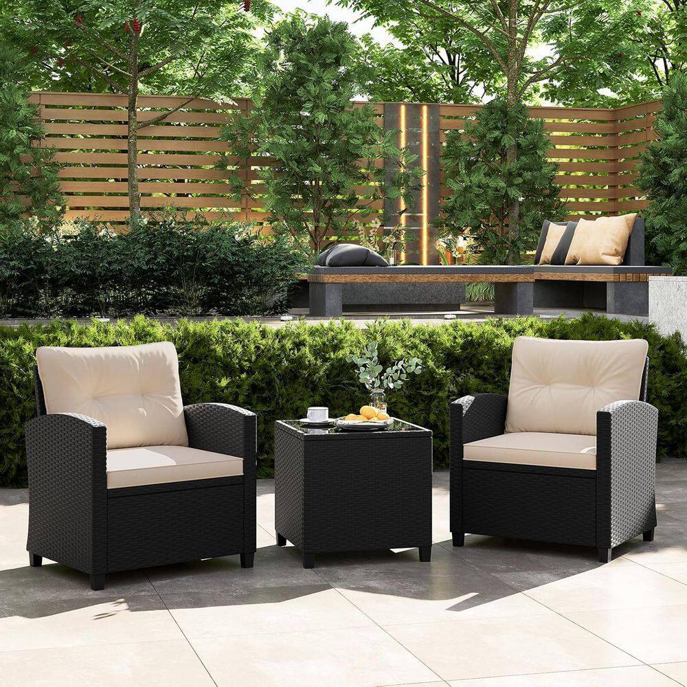 Black 3-Piece Wicker Patio Conversation Set with Beige Cushions ...