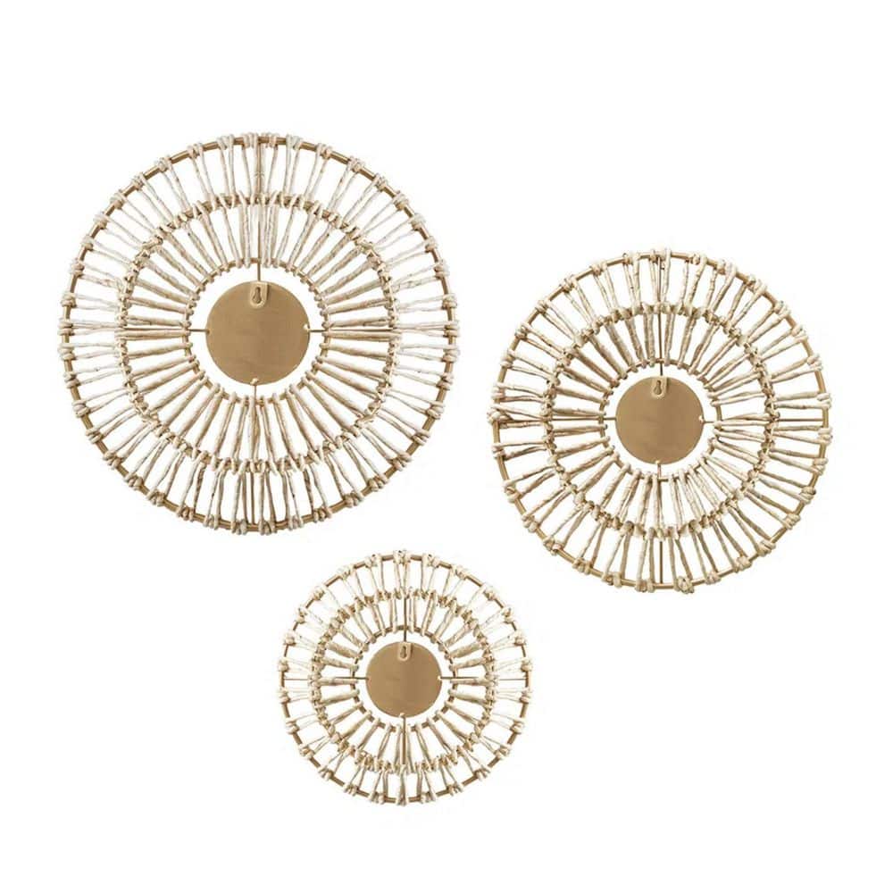 Dracelo 20.5 in. x 20.5 in. Round Natural Fiber Mirror 3-Piece Wall ...