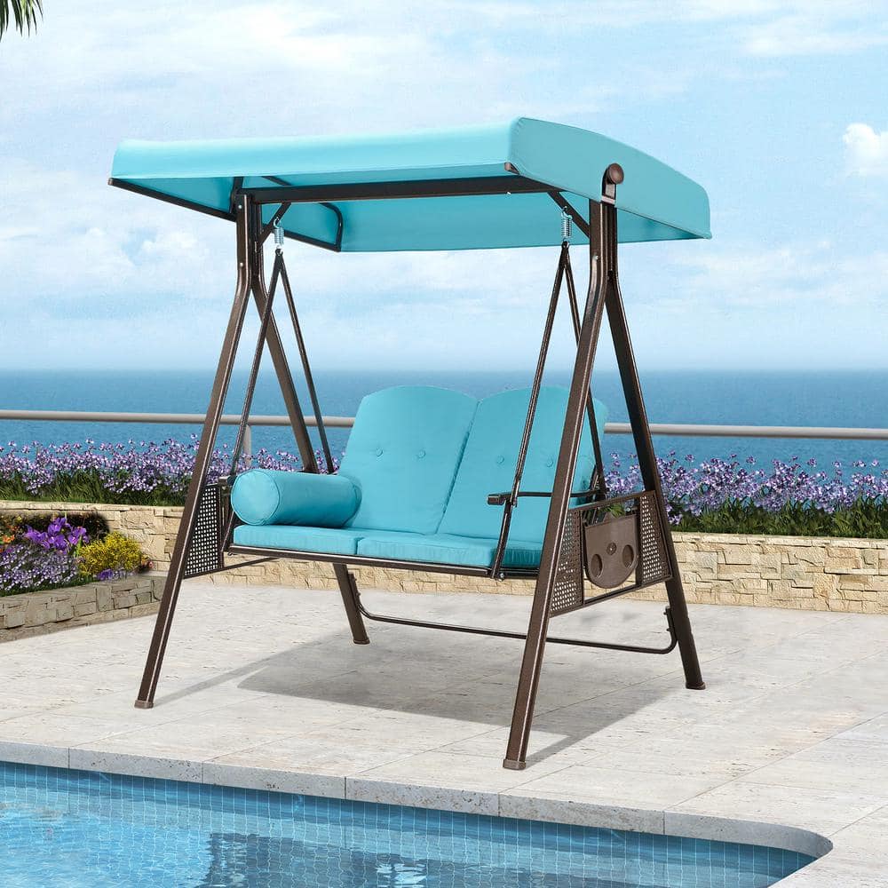 PURPLE LEAF 2-Person Steel Metal Patio Swing with Foldable Side Table ...