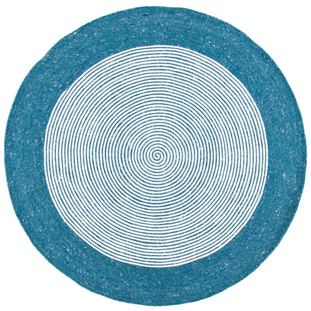 SAFAVIEH Braided Teal Ivory 5 ft. x 5 ft. Border Striped Round Area Rug ...