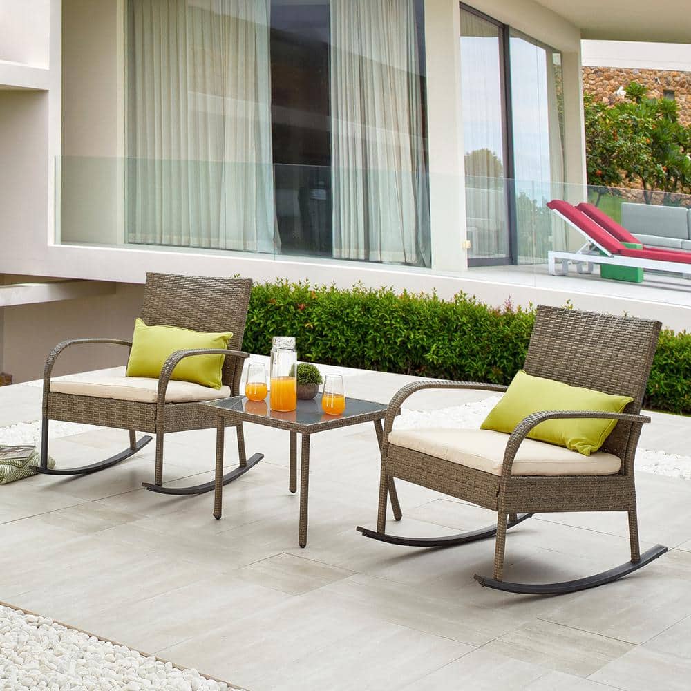Patio Festival Wicker Outdoor 3-Piece Rocking Chair Set with Off-White ...