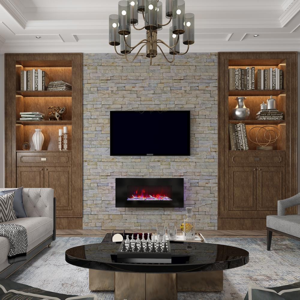 Boyel Living 42 in. Wall Mounted Infrared Electric Fireplace in Black with Multi-Color Flame and ...