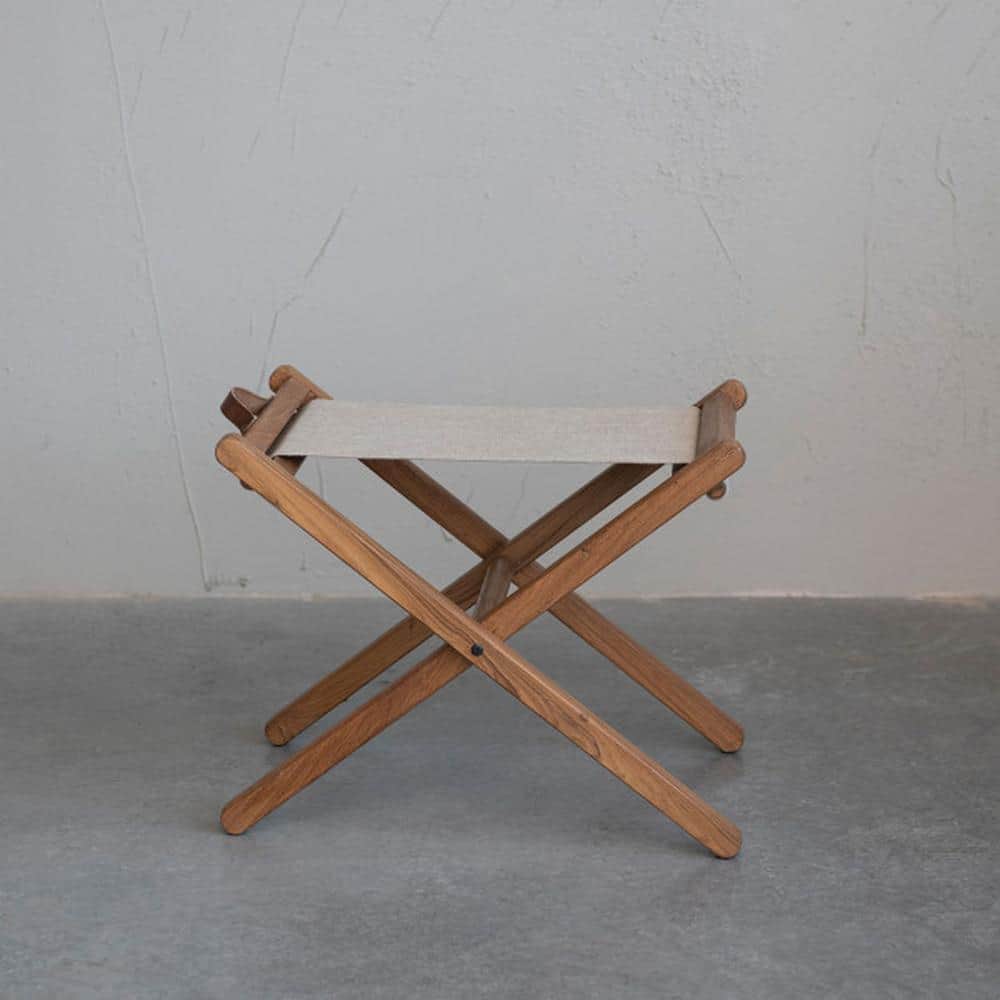Storied Home 18.5 in. Natural Teak Wood Folding Stool with Linen Seat ...