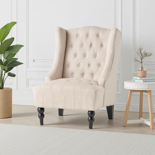 Benjara Beige Button Tufted Fabric High Wingback Club Chair with Birch ...