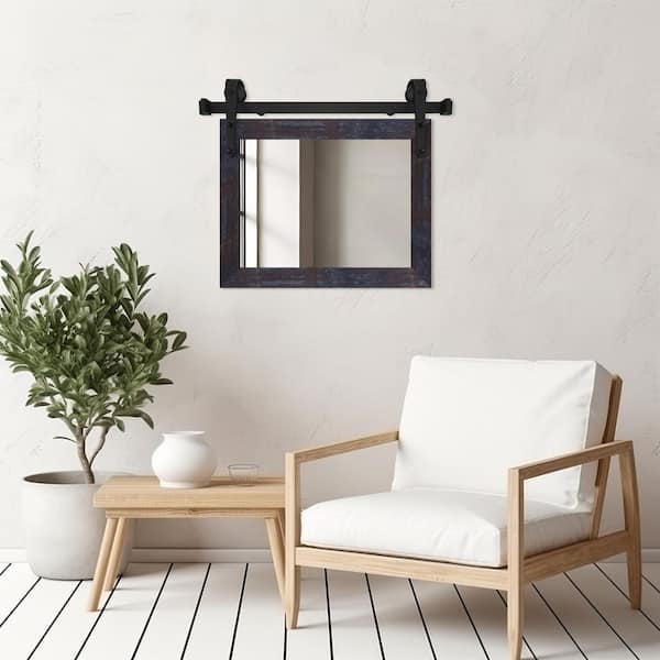 Rayne Mirrors (38 in. W x 33 in. H) Steel Brass Modern Rustic Mirror with Steel Barn Door Rail ...
