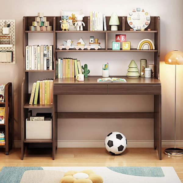 B BALANBO Brown Kids Study Desk with Hutch, Wooden Children's Computer ...
