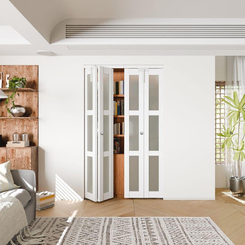 TENONER 48 in. x 80 in. 3-Panel Frosted Glass Solid Core MDF White ...