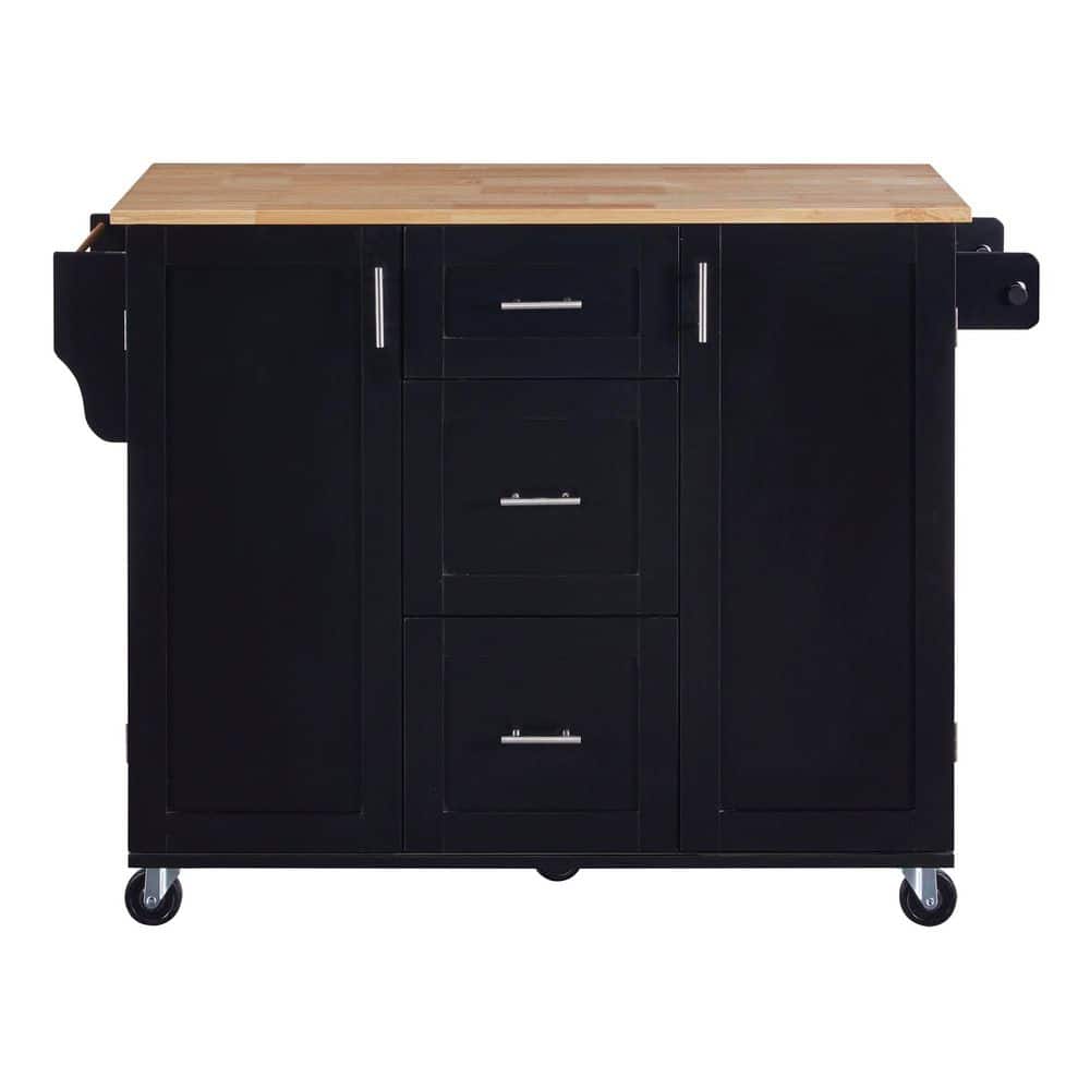50 in. Rubber Wood Black Kitchen Cart with Cabinets, 3 Drawer, 2 Slide ...
