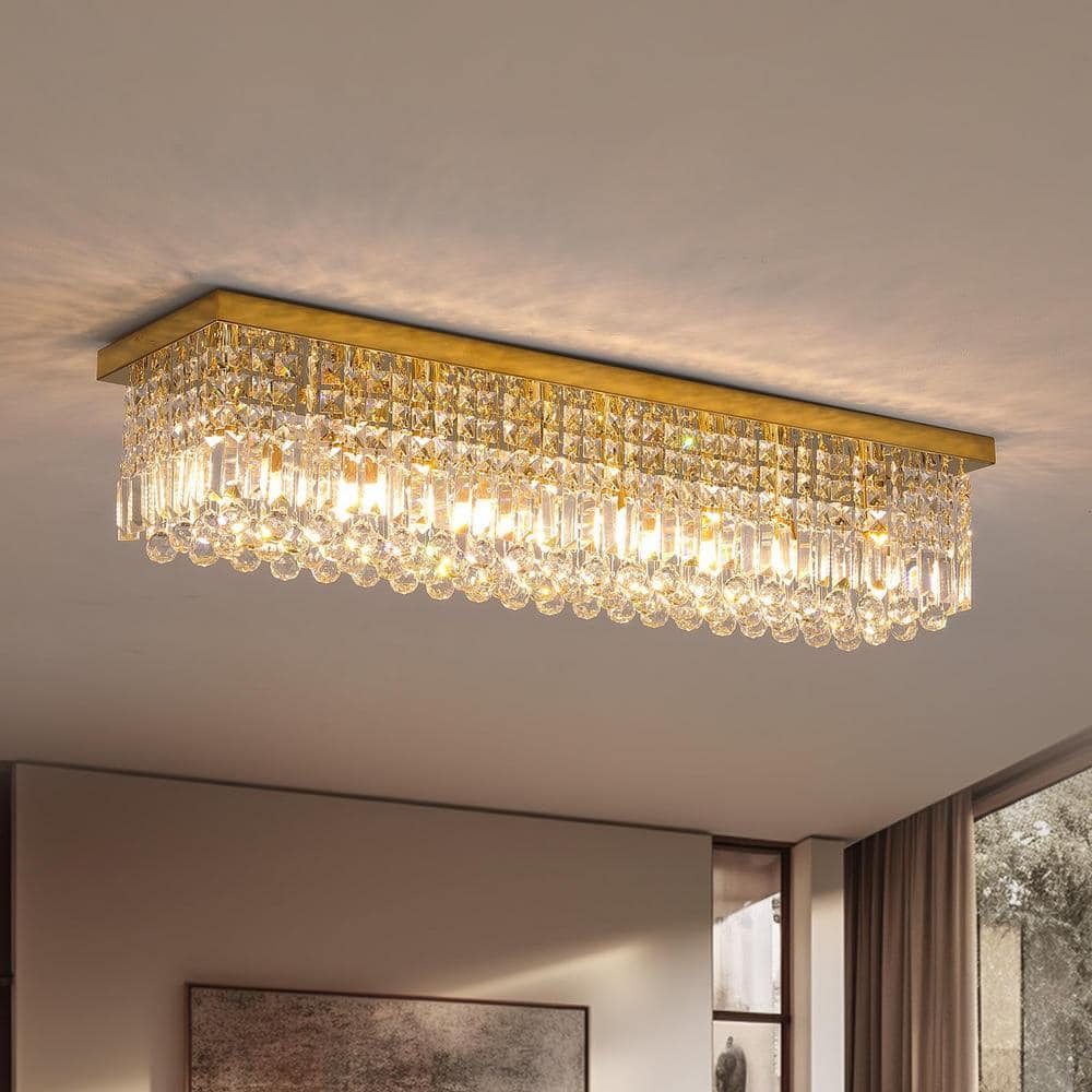 Pacific Core 40 in. 8-Light Gold Rectangle Flush Mount with K9 Clear Crystal Shade and No Bulbs ...