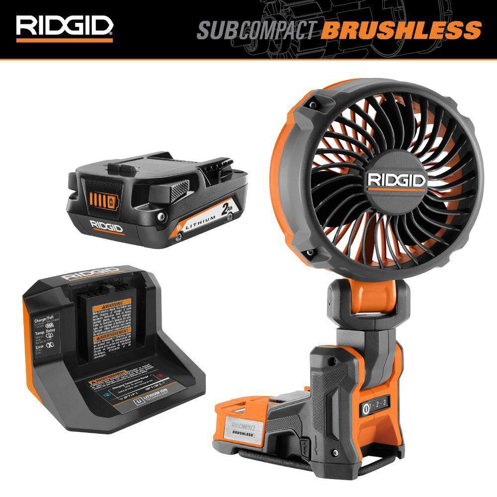 RIDGID 18V SubCompact Brushless Cordless Magnetic Clamp Fan Kit with 2. ...
