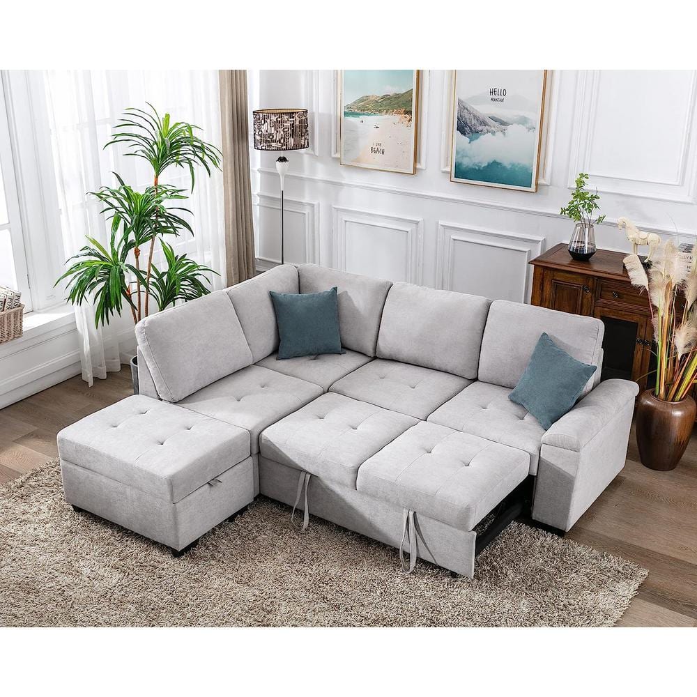 CSC DECOR INC 87.4 in. L-Shape Velvet Sectional Sofa in. Gray 5-Seat Sofa Bed with 2-USB ...