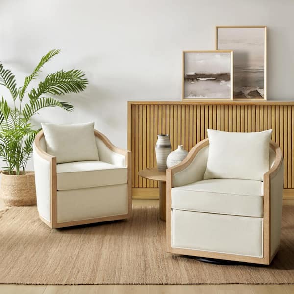 JAYDEN CREATION Oscar Jess IVORY Fabric Swivel Barrel Chair with Solid ...