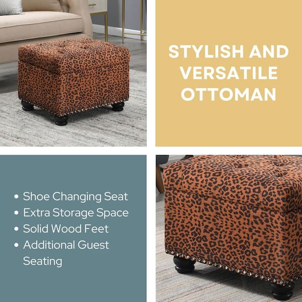 Convenience Concepts Designs4Comfort 5th Avenue Forest Leopard Print Fabric Tufted Storage Ottoman R9 206