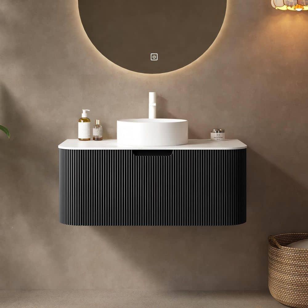 Ziyudura 36 in. Single Sink Floating Curved Edge Black Bath Vanity with ...