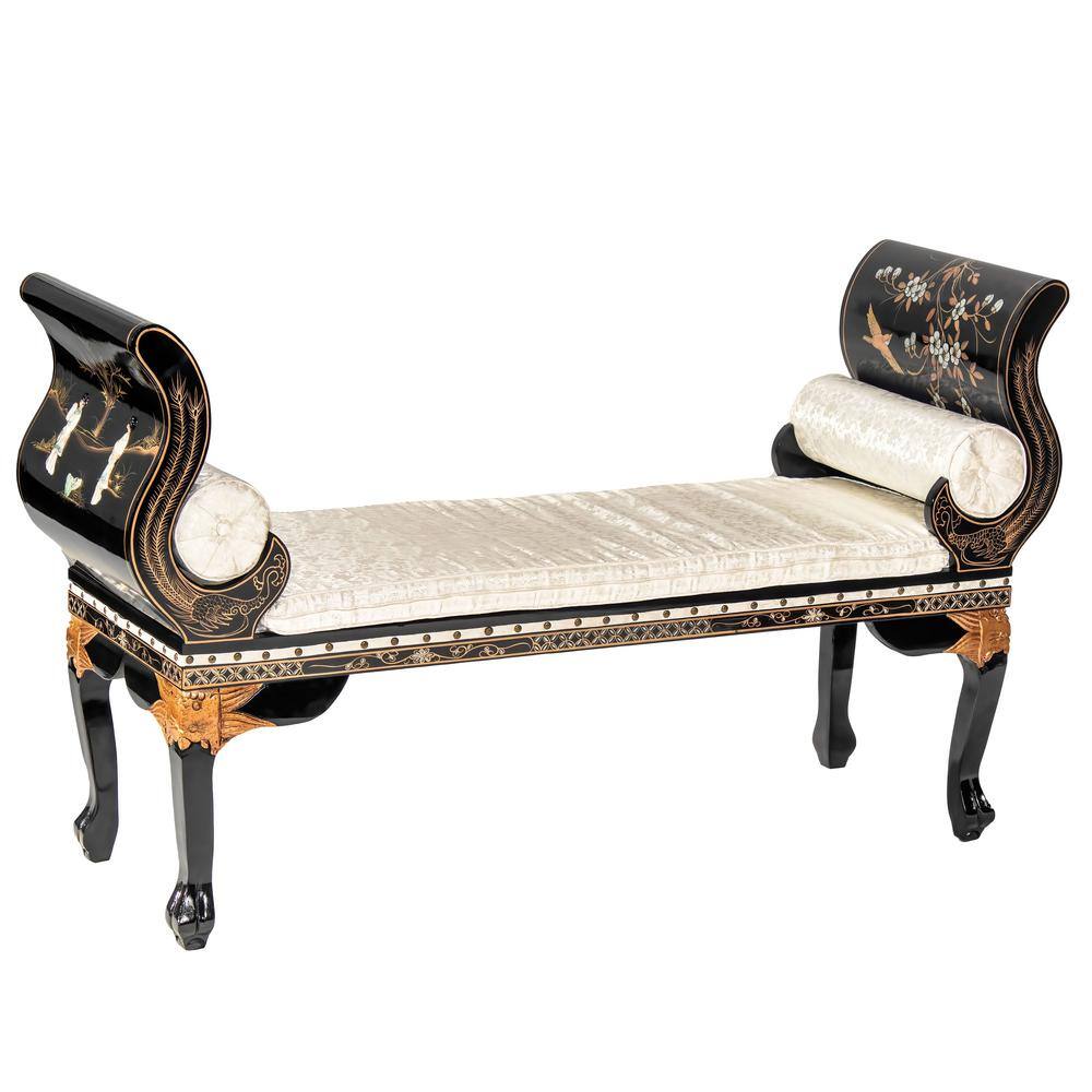 Oriental Furniture 56 in W x 33 in H Black Lacquer Bench with Cushions ...