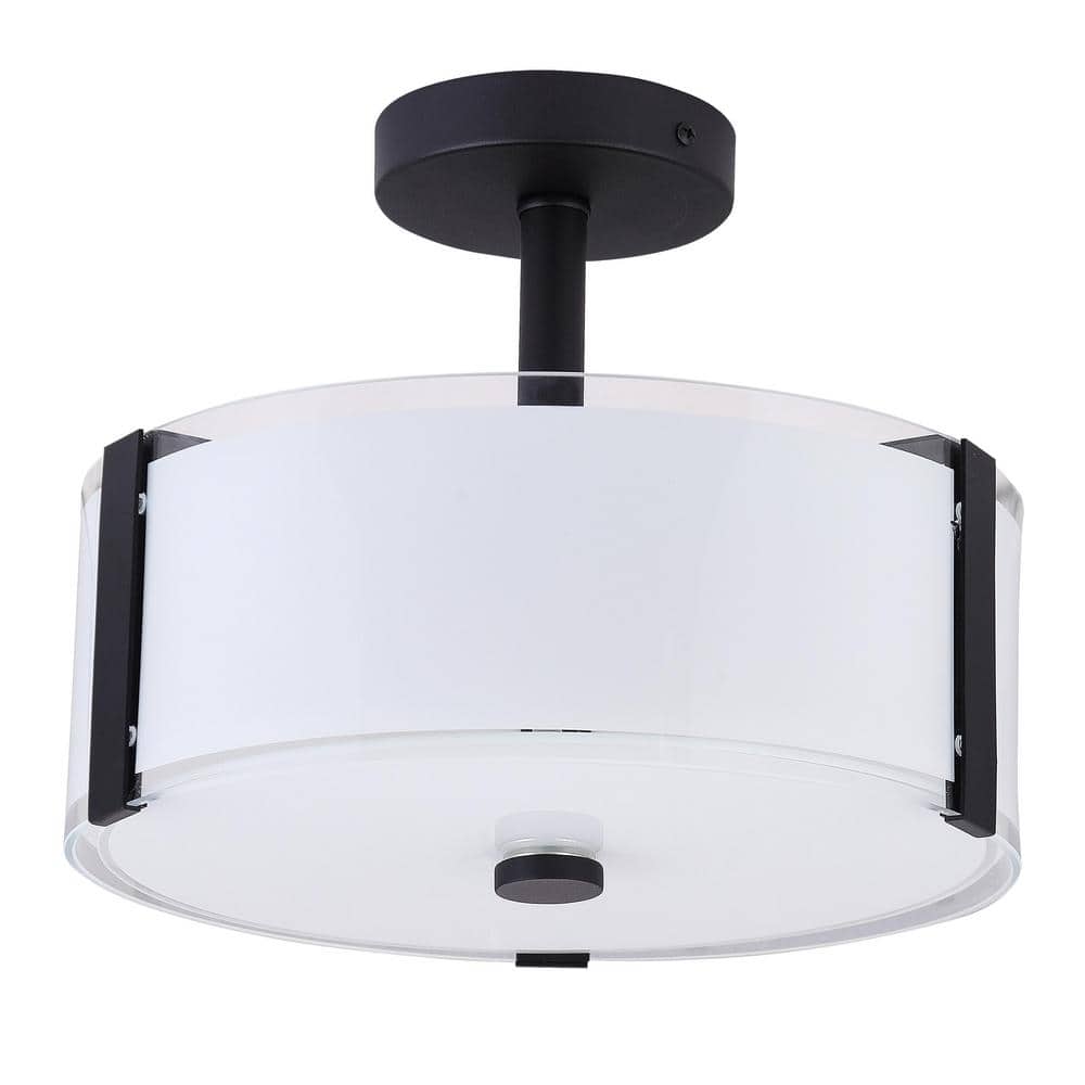 Edvivi 12.5 in. Matte Black Drum LED Semi-Flush Mount Ceiling Light White Fabric Shade Y00112-MB ...