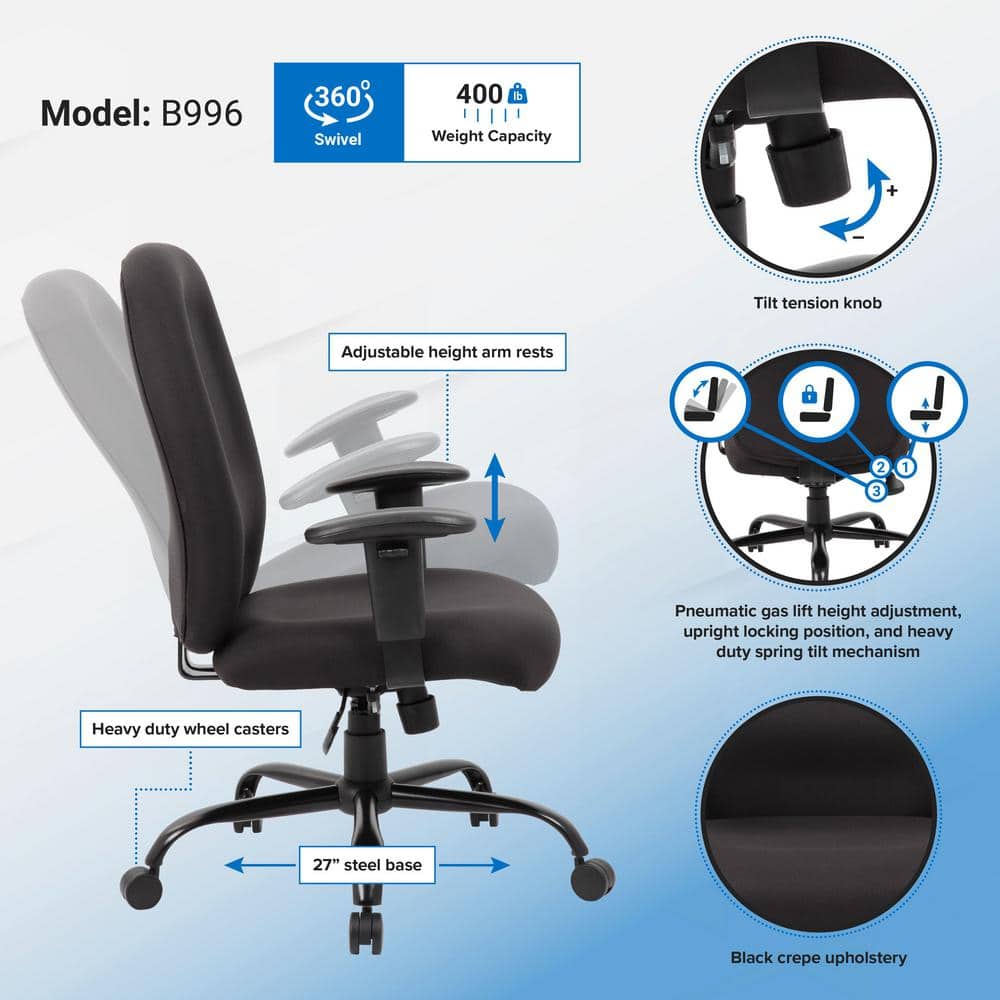 BOSS Office Products Black Heavy Duty Task Chair 400 lb. Capacity B996 ...