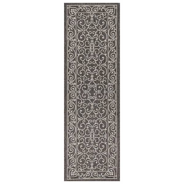 Black Polypropylene 2 ft. x 10 ft. Floral Indoor Runner Rug A46A1-rug ...