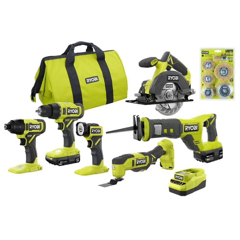 RYOBI ONE+ 18V Cordless 6-Tool Combo Kit with 1.5 Ah Battery, 4.0 Ah ...