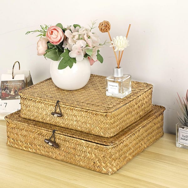 Angel Sar 11 in. W x 5 in. H Flat Woven Wicker Storage Bins with Lid ...