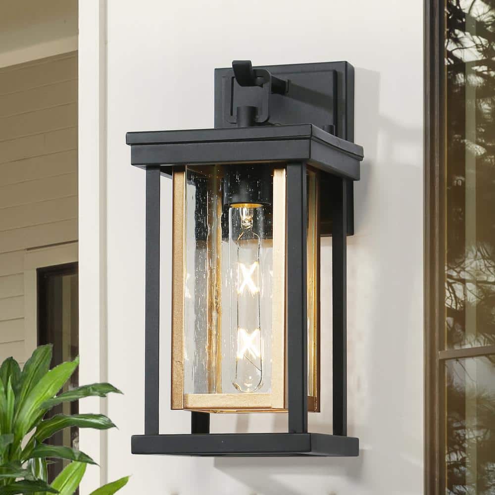 LNC 13.6 in. Black and Dark Gold 1-Light Outdoor Hardwire Wall Lantern Sconce with Seeded Glass ...