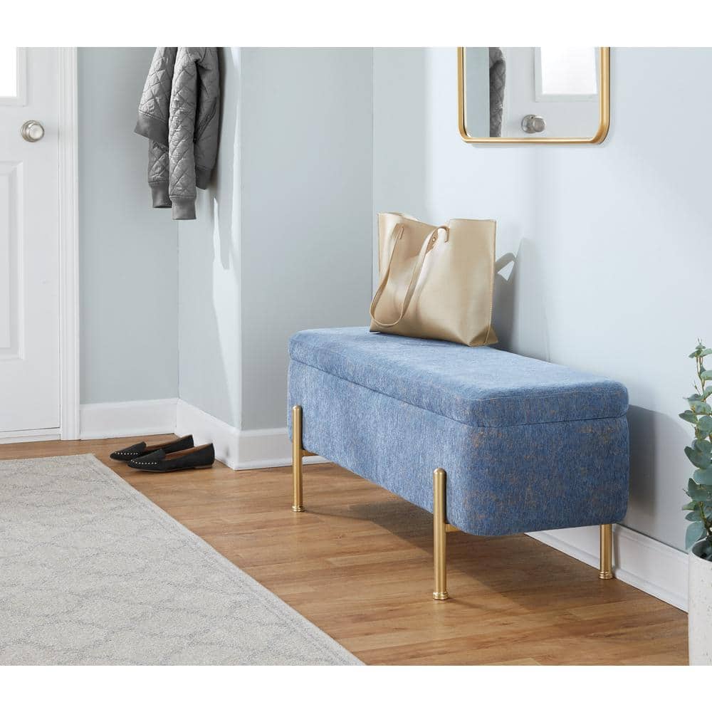 Lumisource Daniella Blue Fabric and Gold Metal Storage Bedroom Bench OT ...