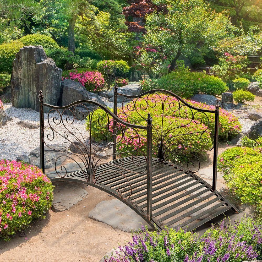 Black Bronze Outsunny 4 ft. Metal Arch Backyard Garden Bridge w/ Safety ...