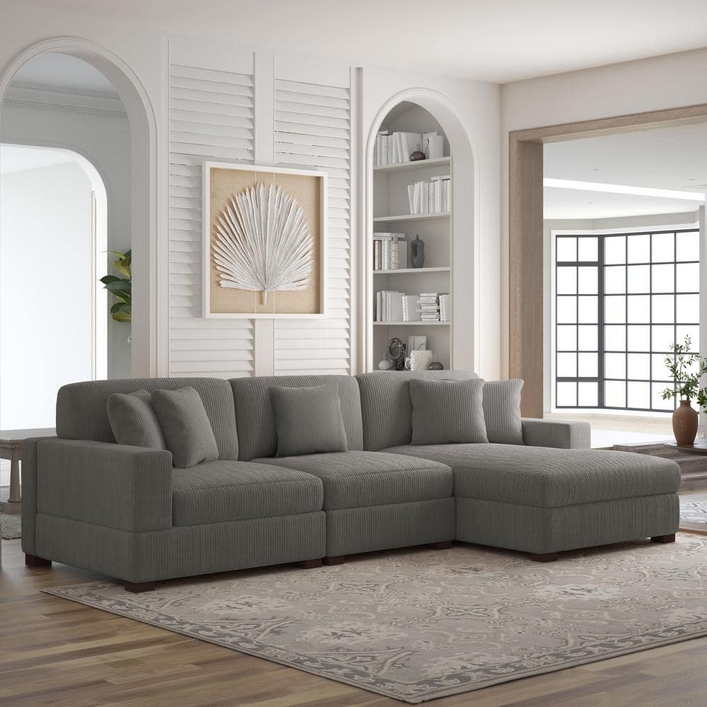 Uixe 118 in. Square Arm 3-piece Corduroy Upholstered L-Shaped Sectional Sofa in. Light Gray CS07 ...