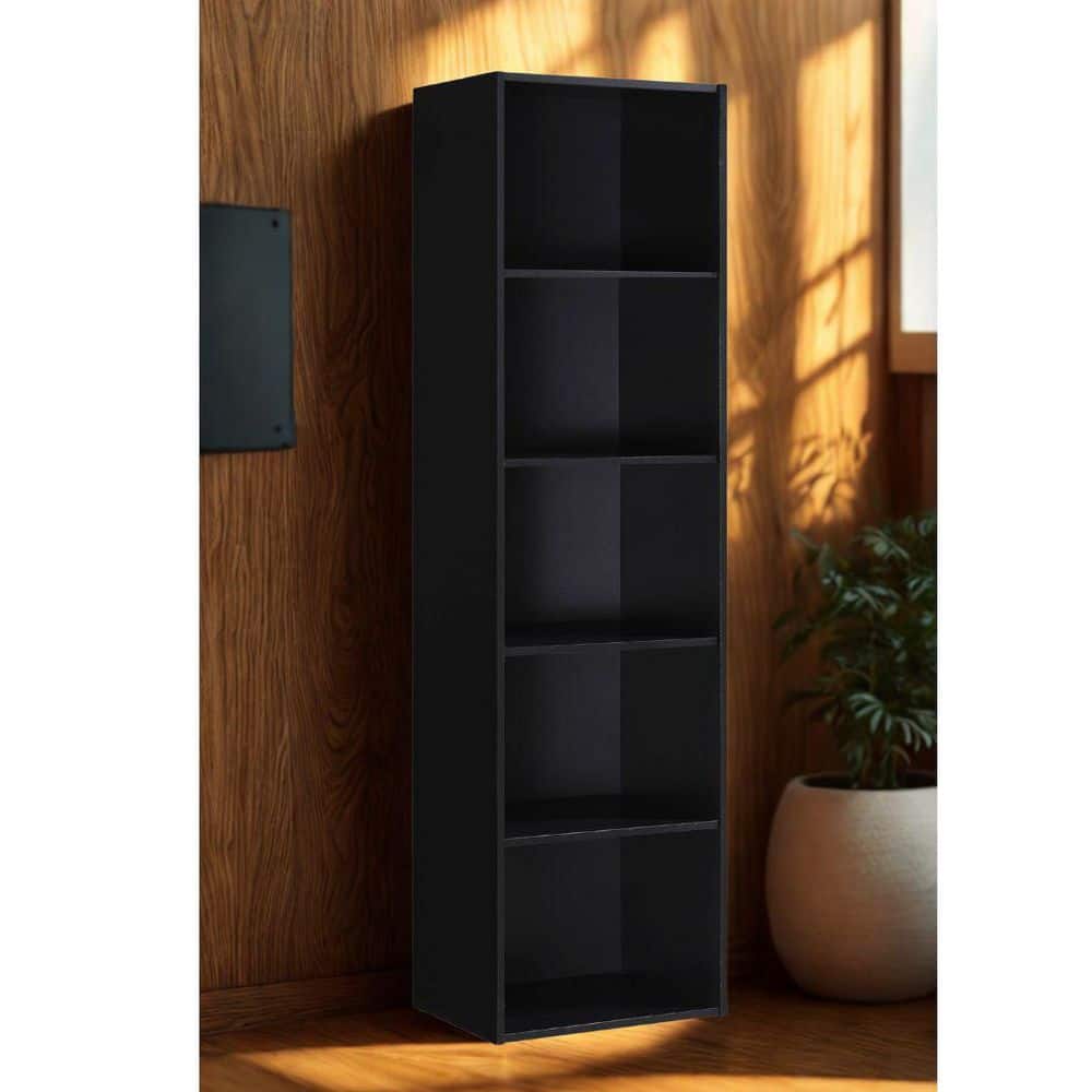 L'Baiet 59 in. Tall Black Wood 5-Shelf Bookcase with Open Storage 5 ...