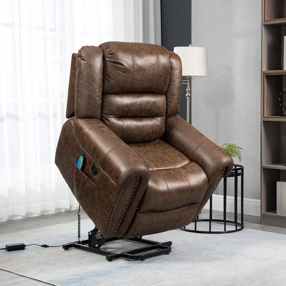 KINWELL Nut Brown Faux Leather Standard (No Motion) Recliner with Power ...