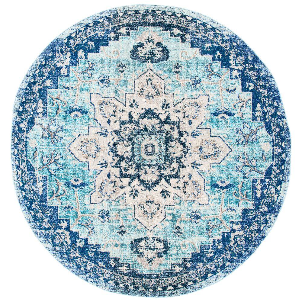 SAFAVIEH Madison Teal/Navy 7 ft. x 7 ft. Distressed Border Round Area ...