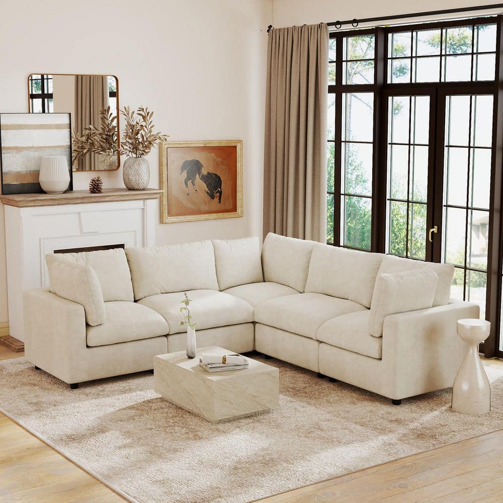 J&E Home 5-Piece Beige Modular Sectional Sofa Chenille Free Combination ...