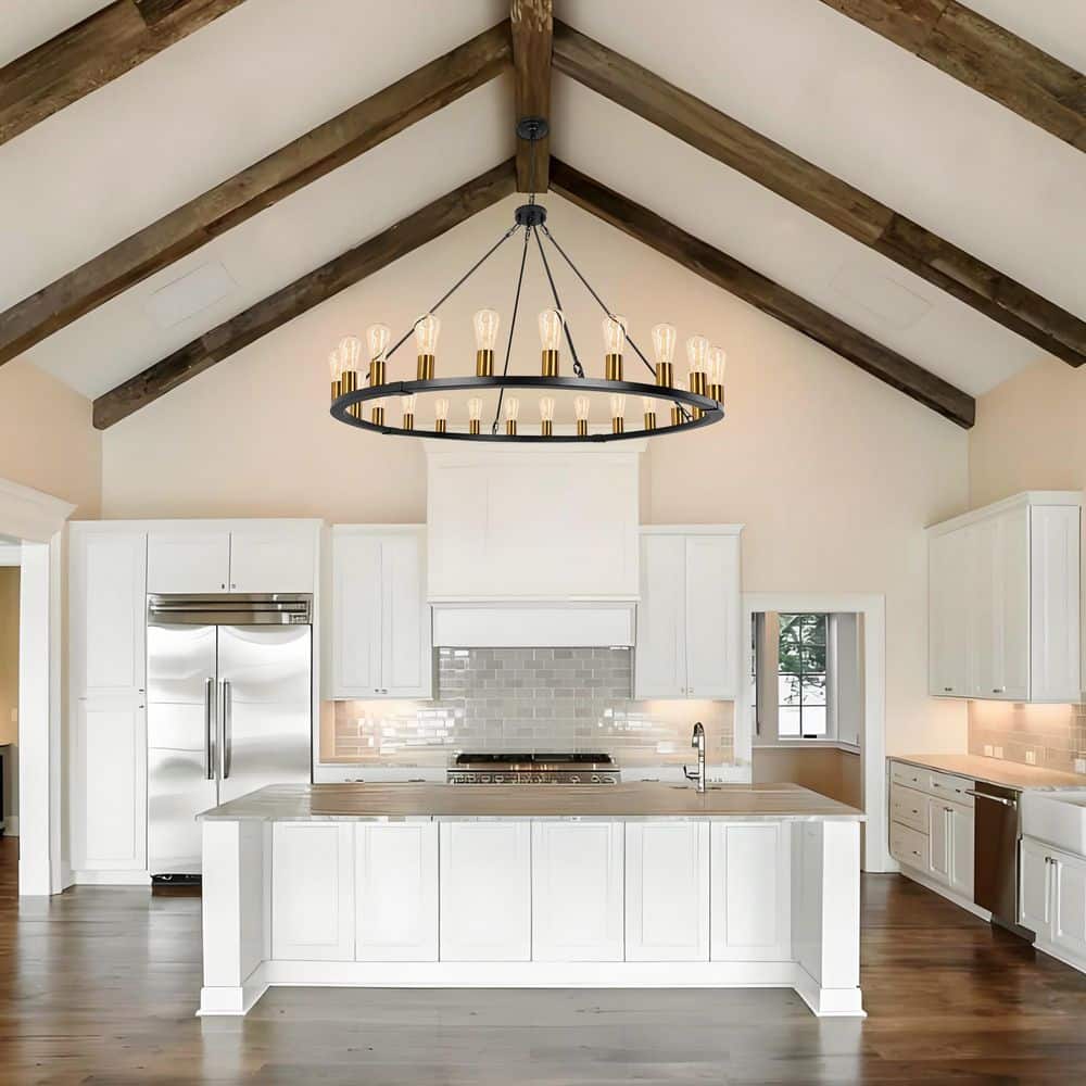 Rviezza 48-Inch 24-Light Black gold Wagon Wheel Chandelier, Farmhouse ...