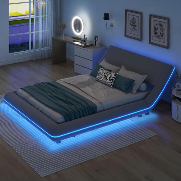 Harper & Bright Designs Gray Wood Frame Queen Size PU Leather ...