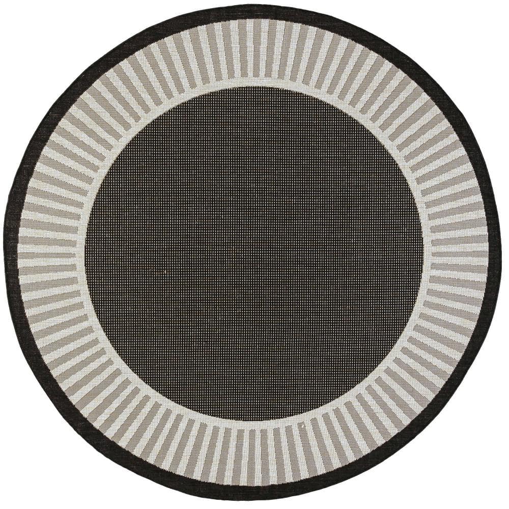 Tayse Rugs Eco Striped Border Black 8 ft. Round Indoor/Outdoor Area Rug ...