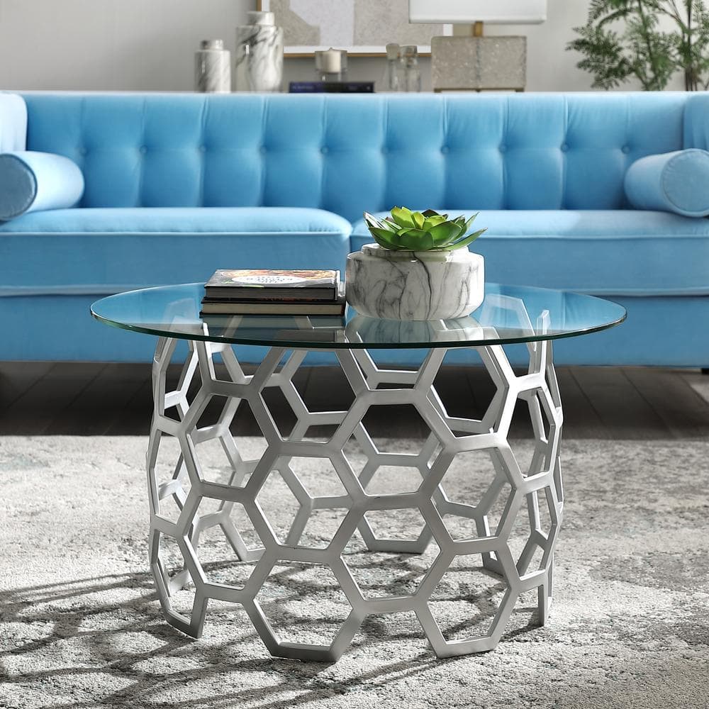 Inspired Home Shaffer 32 in. Silver Medium Round Glass Coffee Table ...