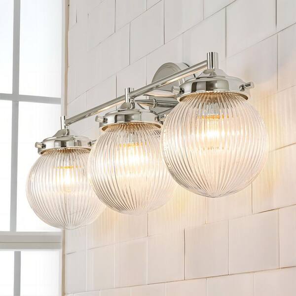 RRTYO Loudoun 24.4 in. 3-Light Modern Chrome Linear Ribbed Glass Globe ...