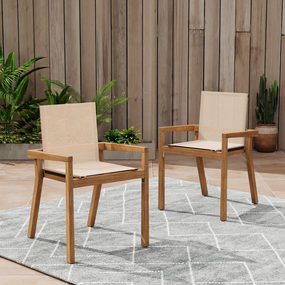 Teak Acacia Wood Outdoor Dining Chairs, Mesh Patio Chairs with Beige ...