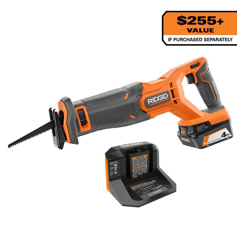 RIDGID 18V Cordless Reciprocating Saw Kit with 4.0 Ah Battery and ...