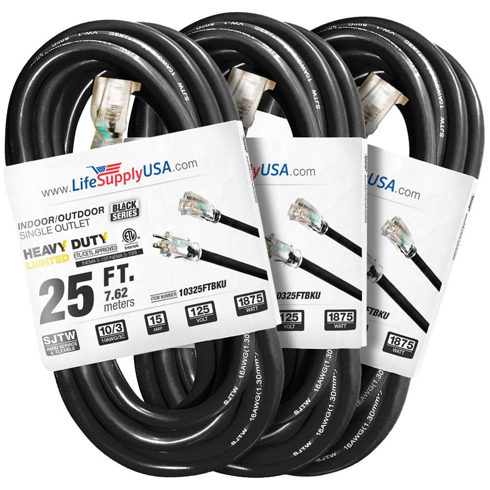 LifeSupplyUSA 25 ft. 10 Gauge/3 Conductors SJTW Indoor/Outdoor ...