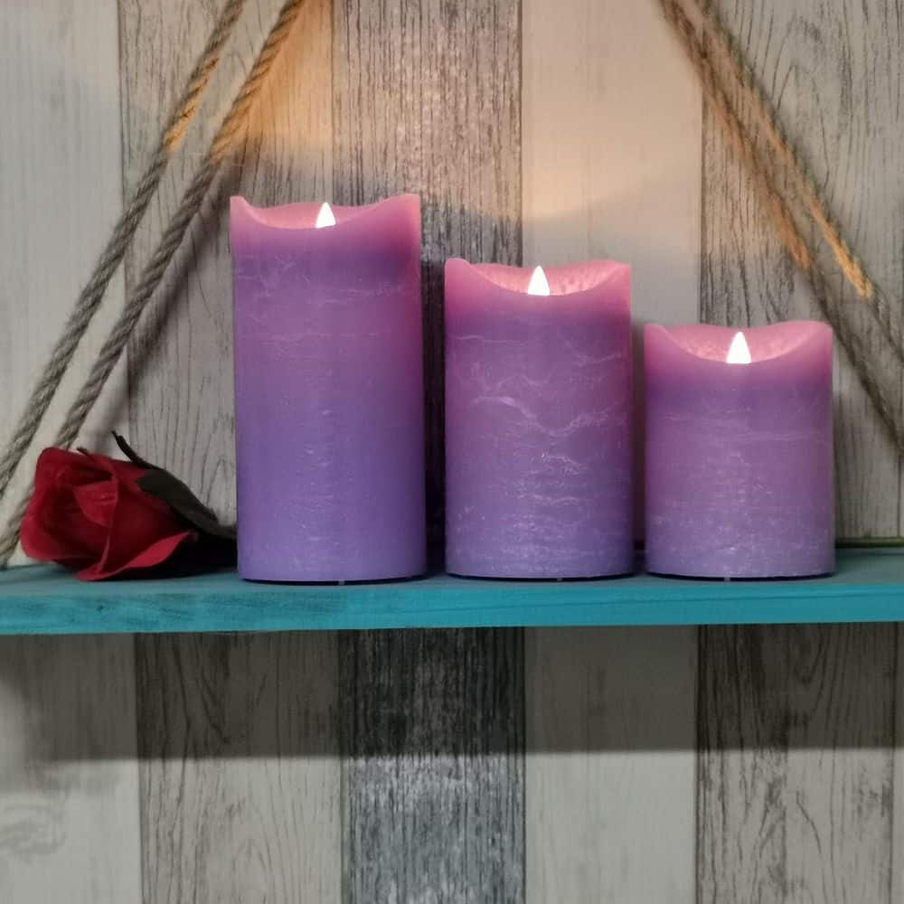 3 Pack Rustic Lavender Purple Flameless Pillar Candles:Real Wax ...