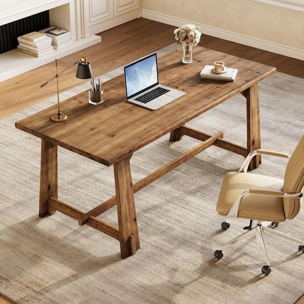 BYBLIGHT Moronia 63 in. Rectangular Brown Solid Wood Computer Executive ...