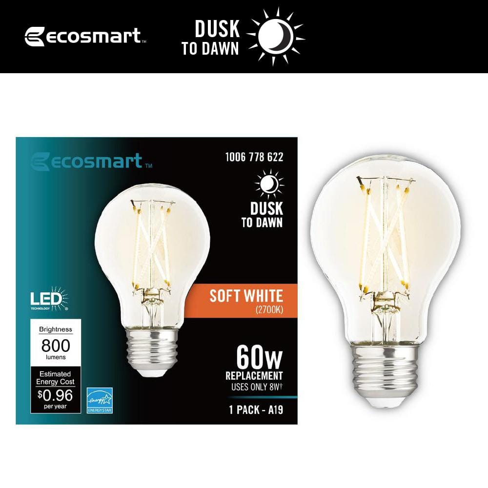 EcoSmart 60-Watt Equivalent A19 Dimmable CEC Dusk to Dawn Clear Glass ...