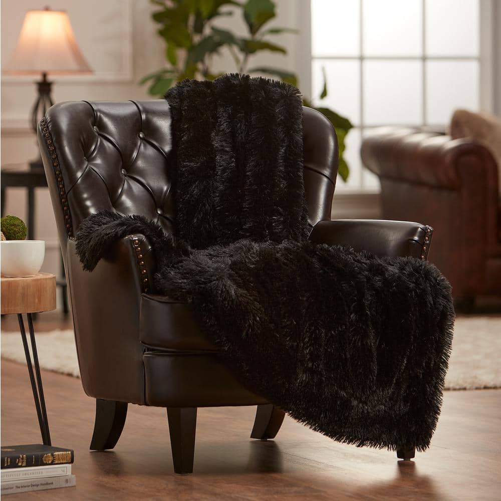 CHANASYA Solid Black Shaggy Faux Long Fur Polyester Throw Blanket - 60 ...