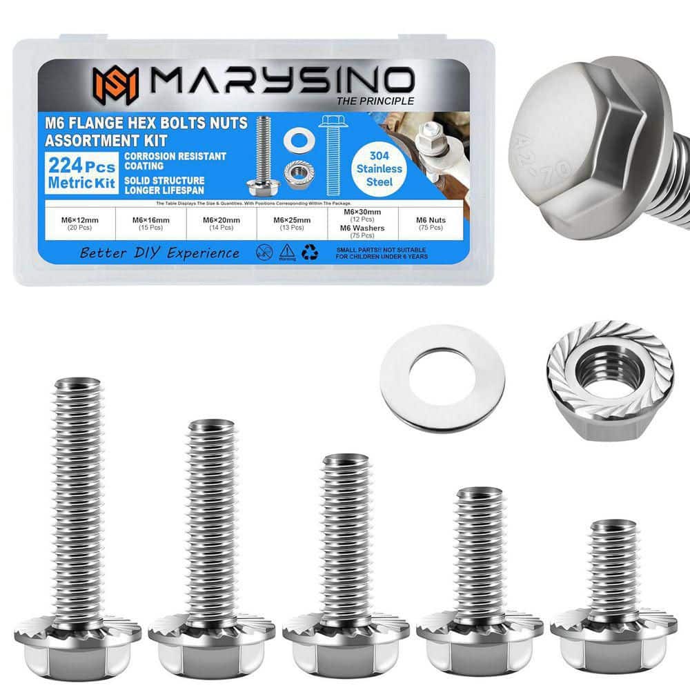 MarySino 224-piece M6 Flanged Hex Head Bolt Kit with Washers, M6 Metric ...