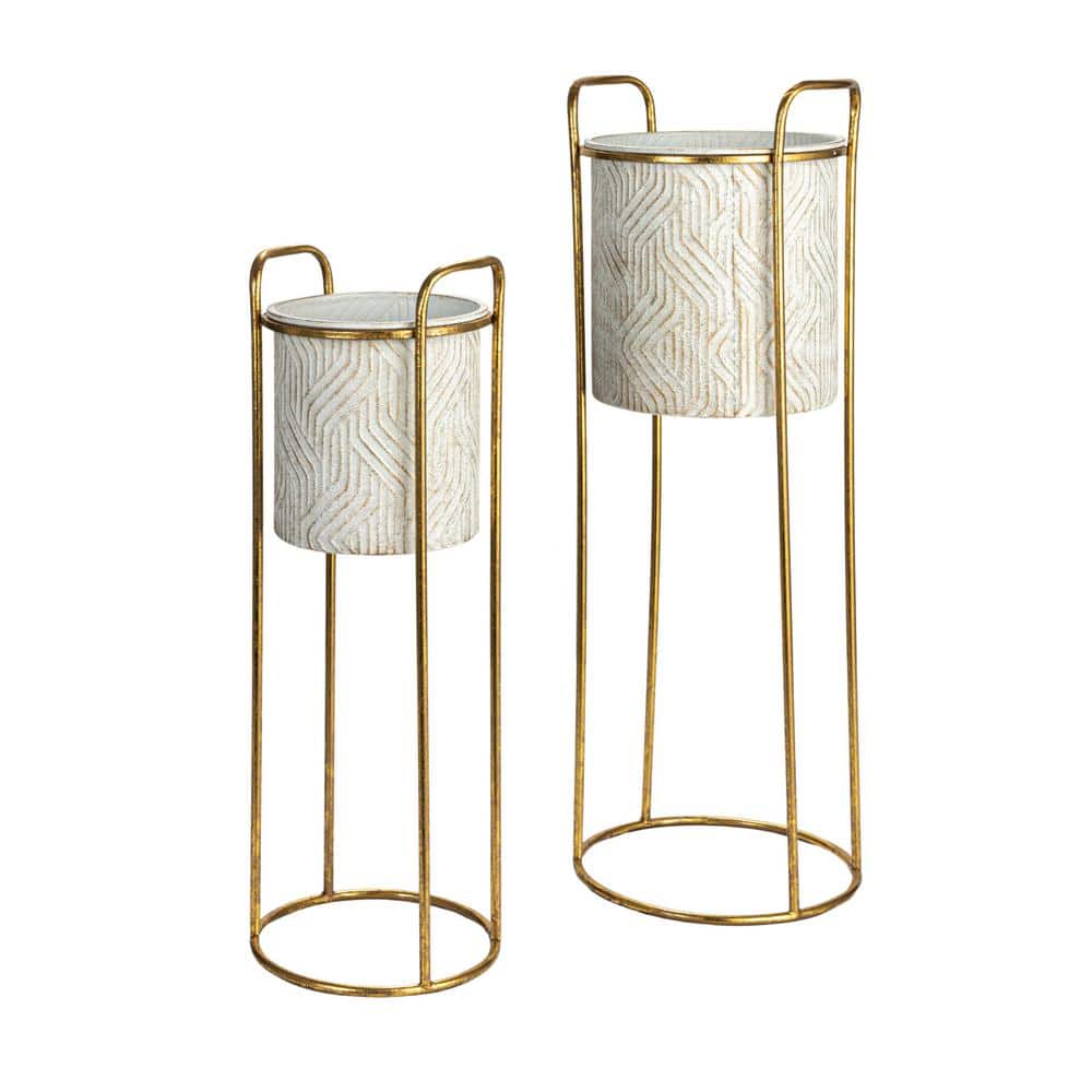 Storied Home Cream and Gold Metal Round Floor Planters on Stand (2-Pack ...