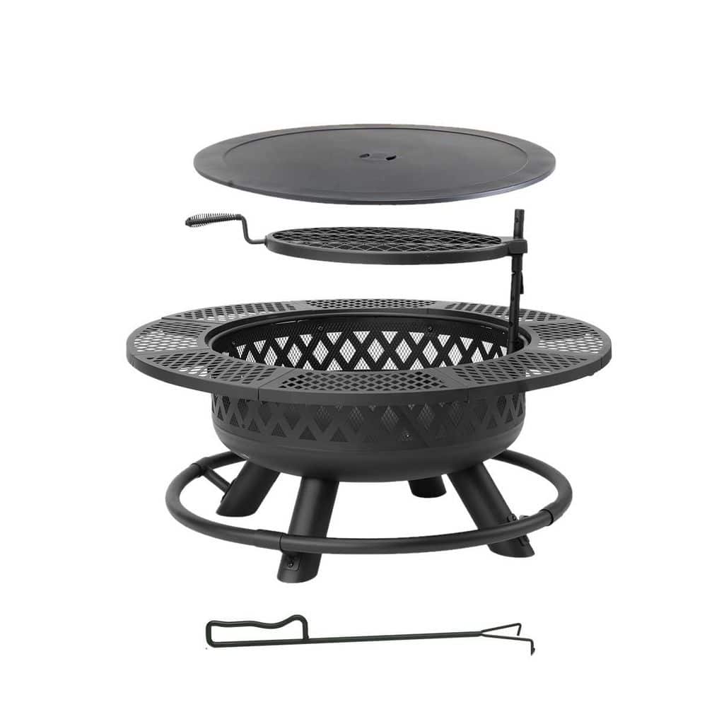 OGETFUUR 25.2 in. Fire Pit with Grill Outdoor Wood Fire Pit with Lid ...