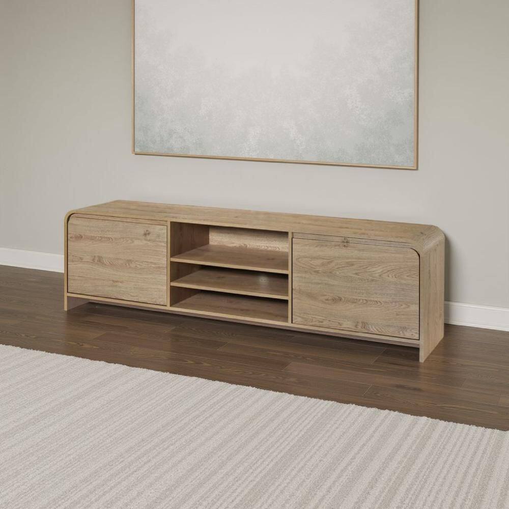 Benjara Maria Natural Beige TV Stand Media Cabinet Fits TVs up to 70 in ...