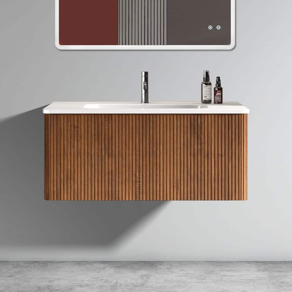 Ziyudura 36 in. Single Sink Floating Walnut Bath Vanity with White ...