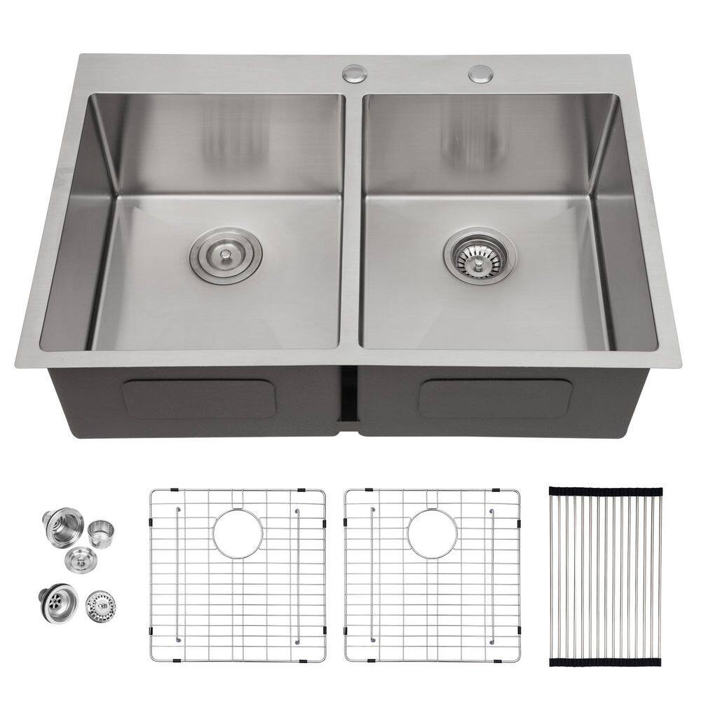LORDEAR 33 in. Drop in Double Bowl 16-Gauge Stainless Steel Kitchen ...